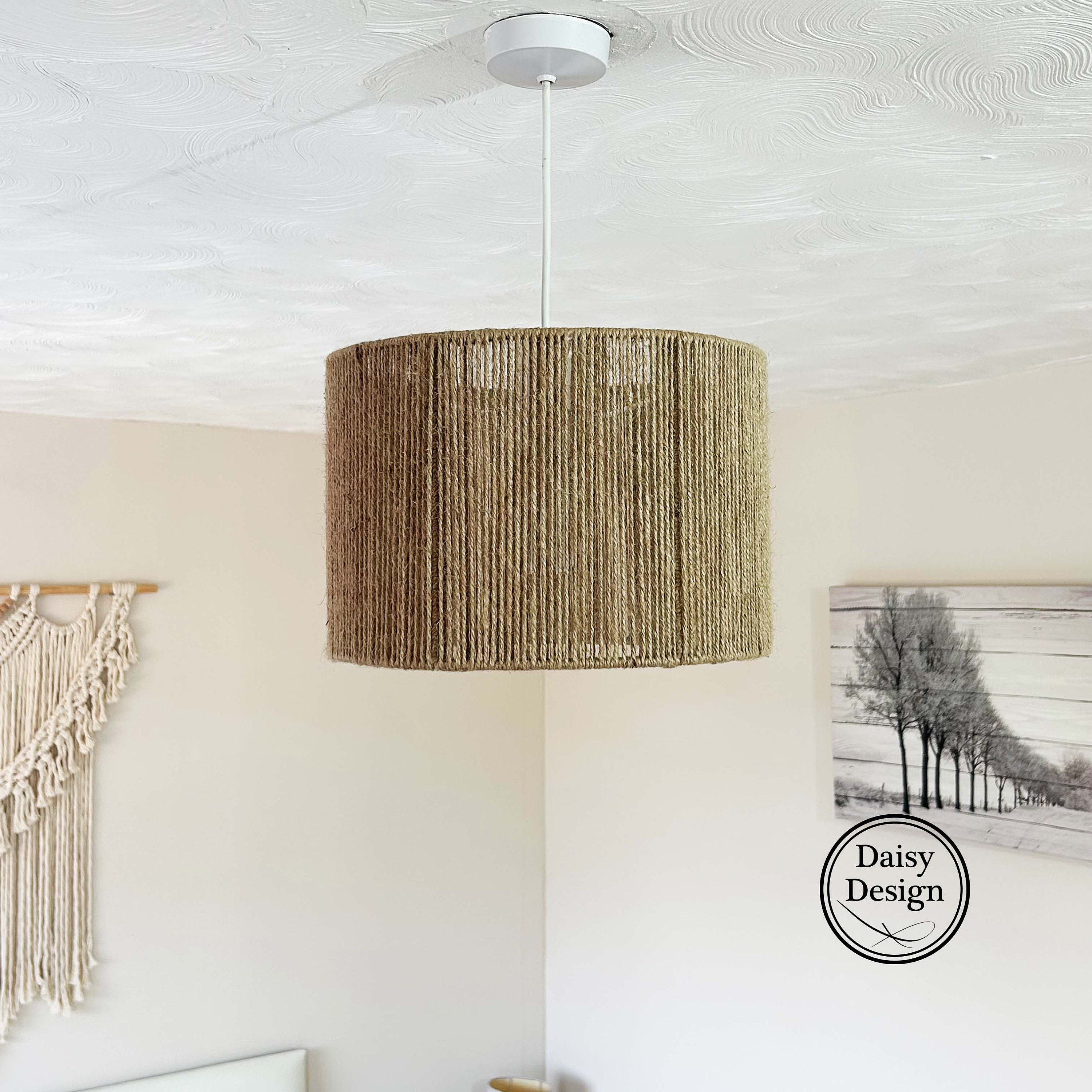 Natural Jute Lampshade, Jute Drum Pendant, Jute Table Lamp, Bohemian ...