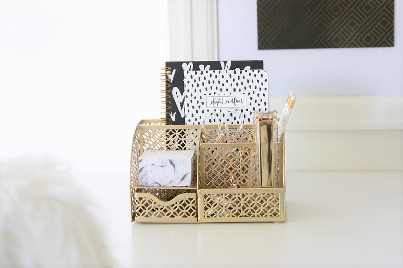 Designer Metal Gold Desk Organizer With Drawer - Etsy