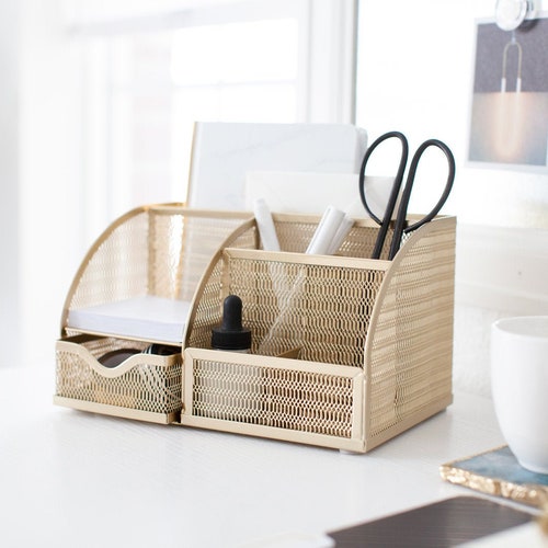 Designer Metal Gold Desk Organizer With Drawer - Etsy