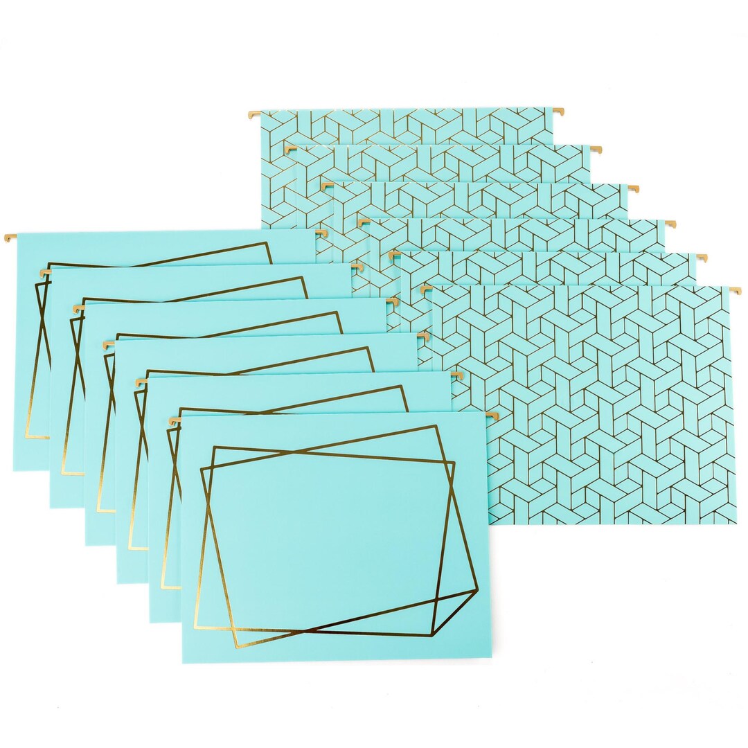 Set of 12 Aqua Hanging File Folders Letter Size With Geometric Gold ...
