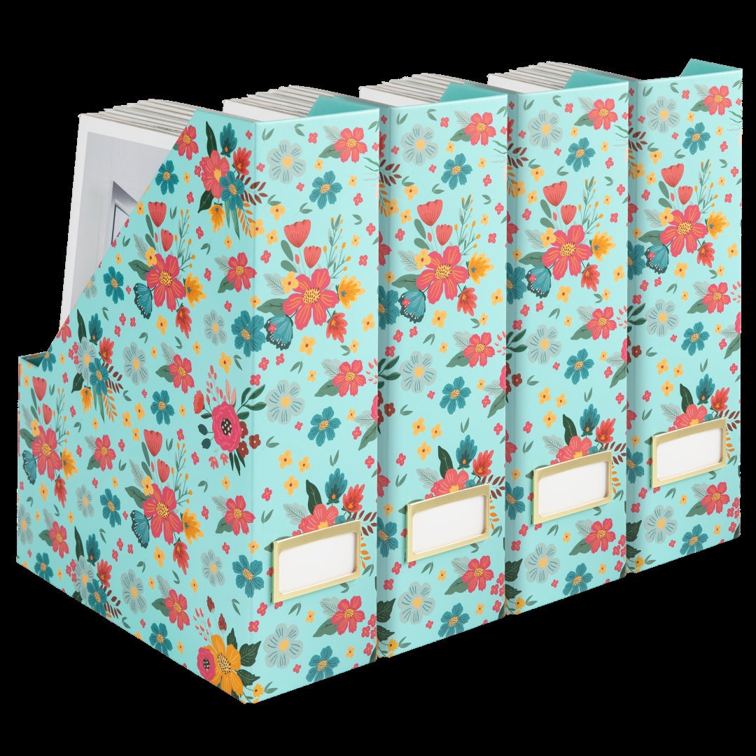 Floral Magazine Holder Cute Set of 4 Foldable Magazine File Boxes Aqua ...