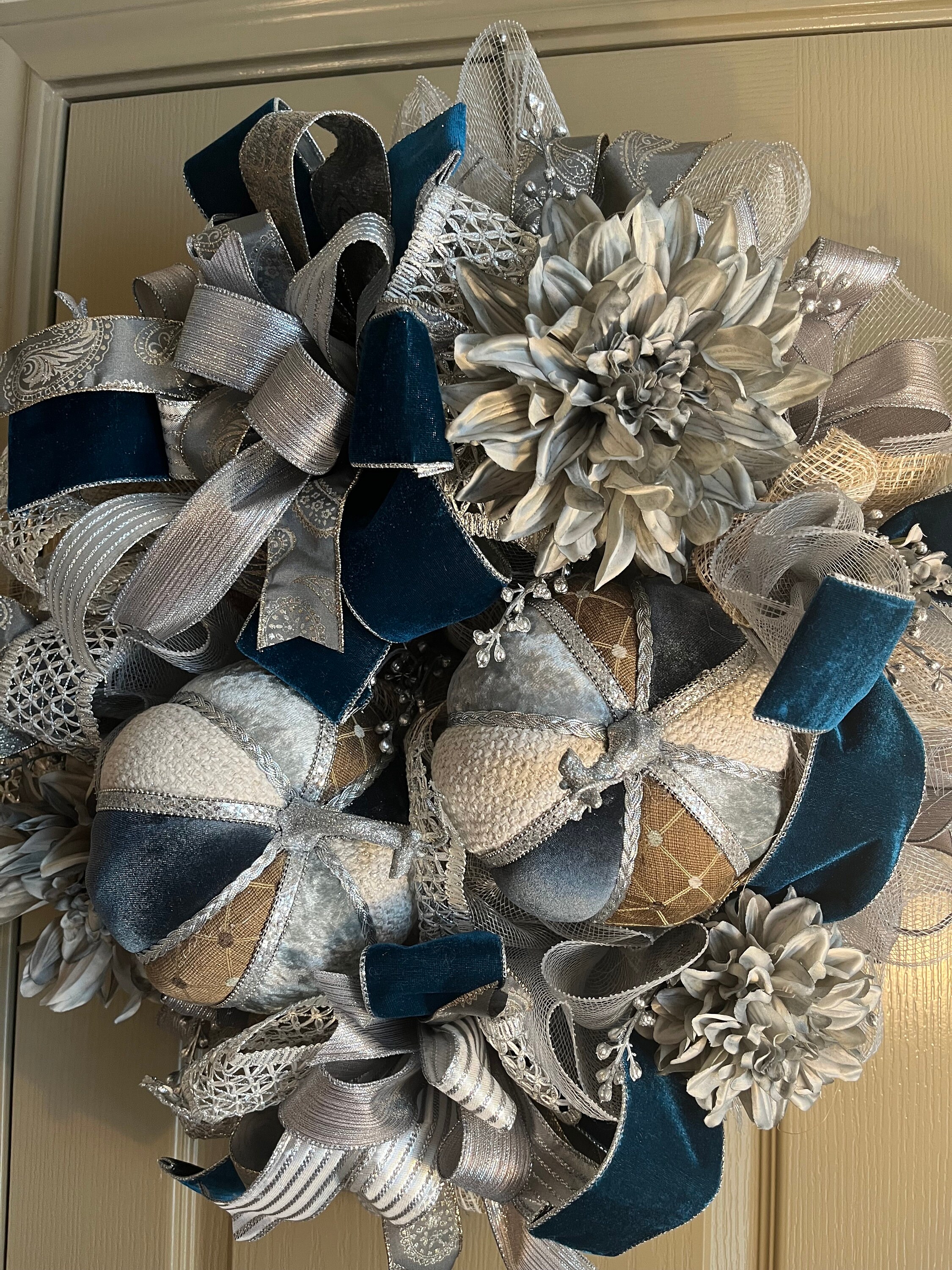 Dark Teal and Sliver Fall Wreath With Fabric and Jeweled Pumpkins for ...