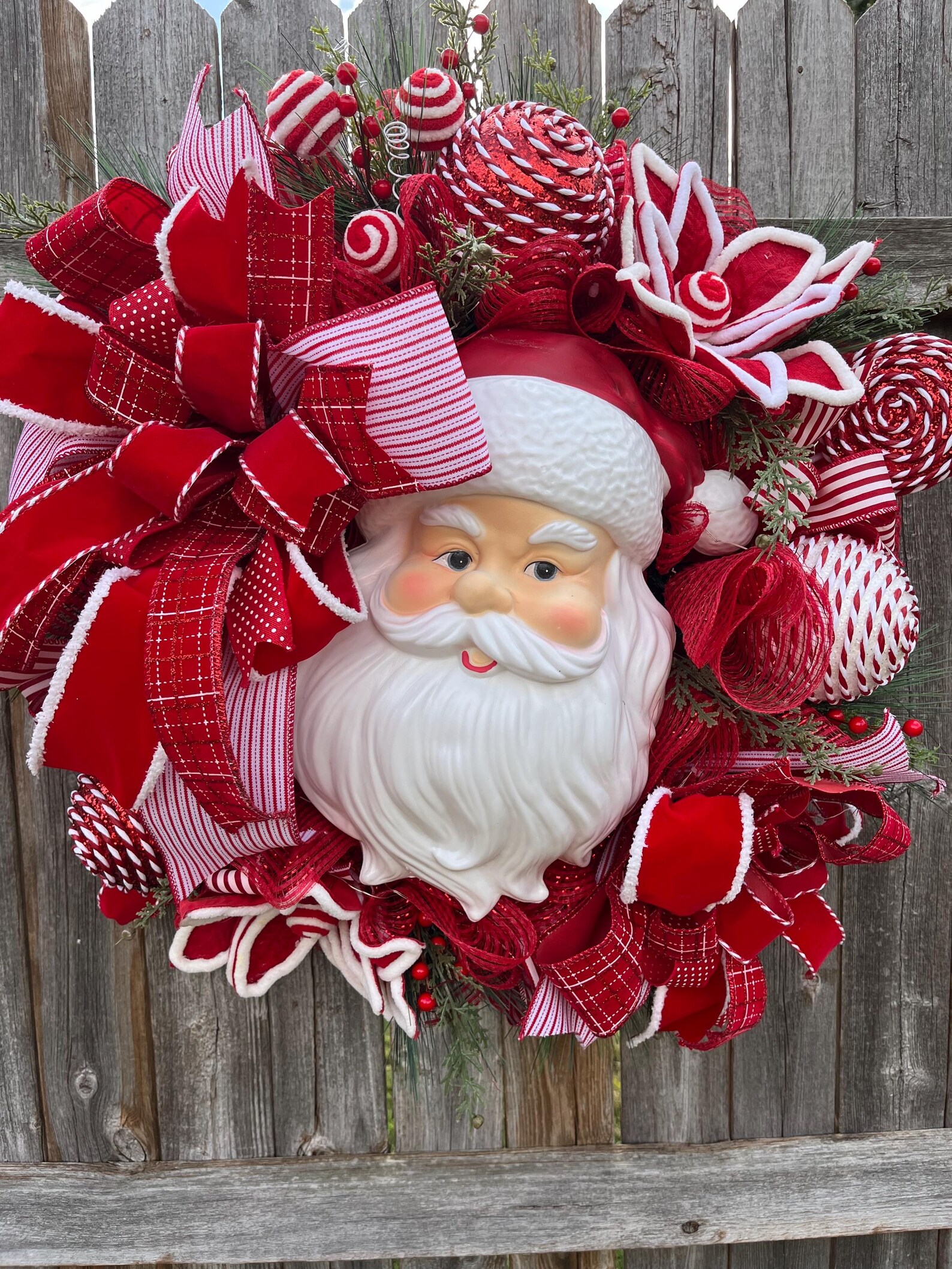 Large Classic Santa Head Wreath With Fairy Lights for Your Front Door ...
