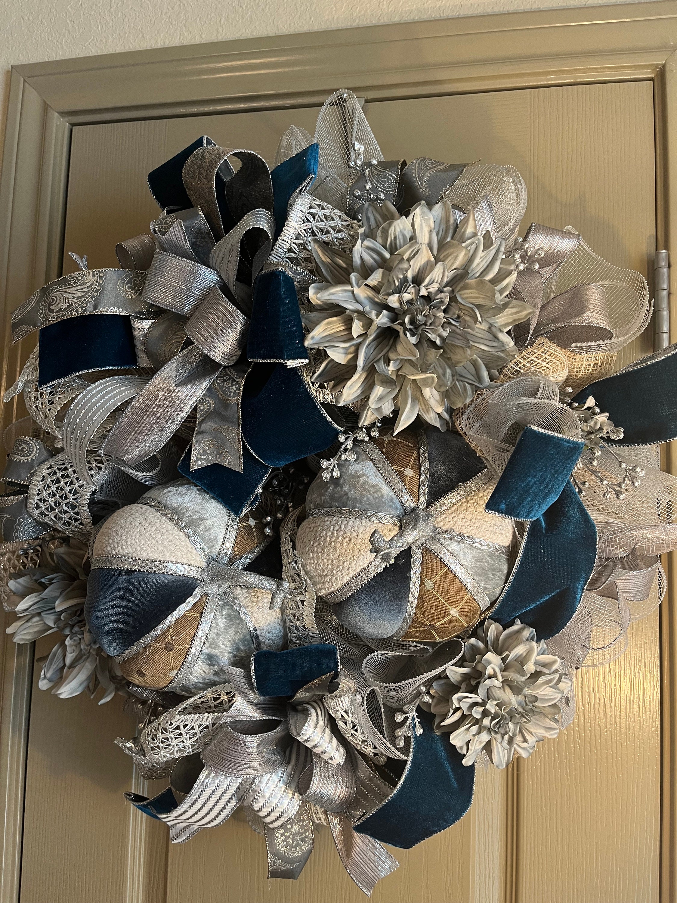 Dark Teal and Sliver Fall Wreath With Fabric and Jeweled Pumpkins for ...