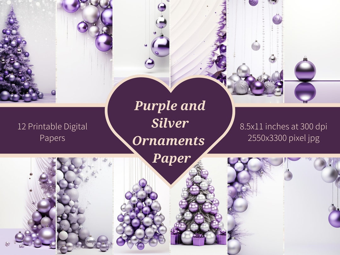 Purple and Silver Ornaments Digital Paper Stunning Christmas Design for ...