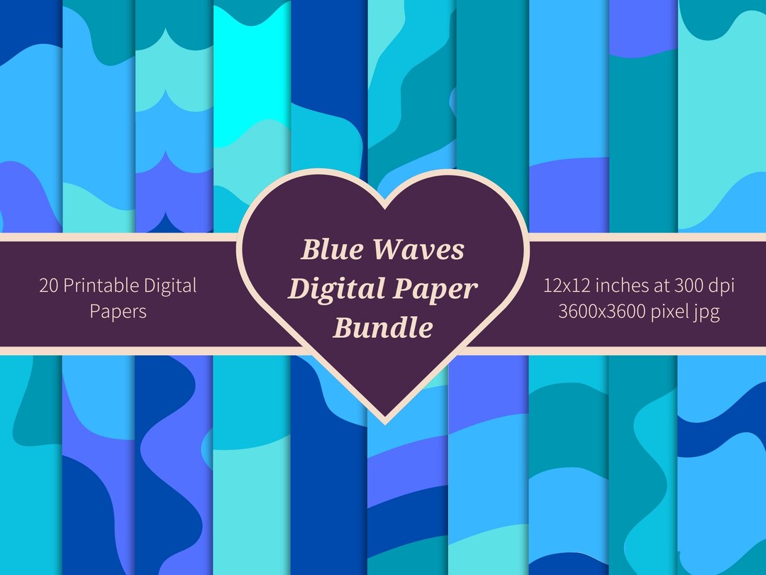 Wavy Digital Paper, Color Block Scrapbook, Blue Wave Junk Journal Color ...