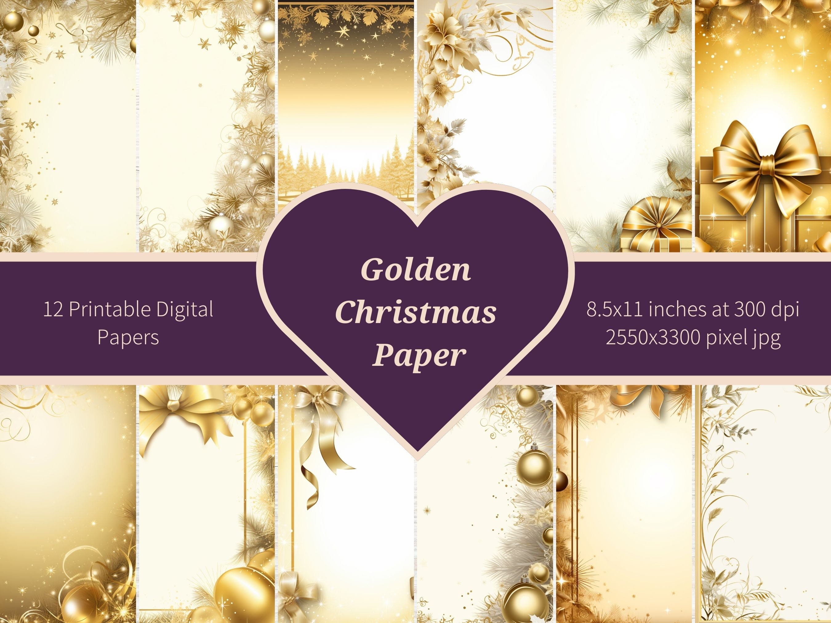 Golden Christmas Theme Digital Paper Stunning Holiday Designs for Cards ...