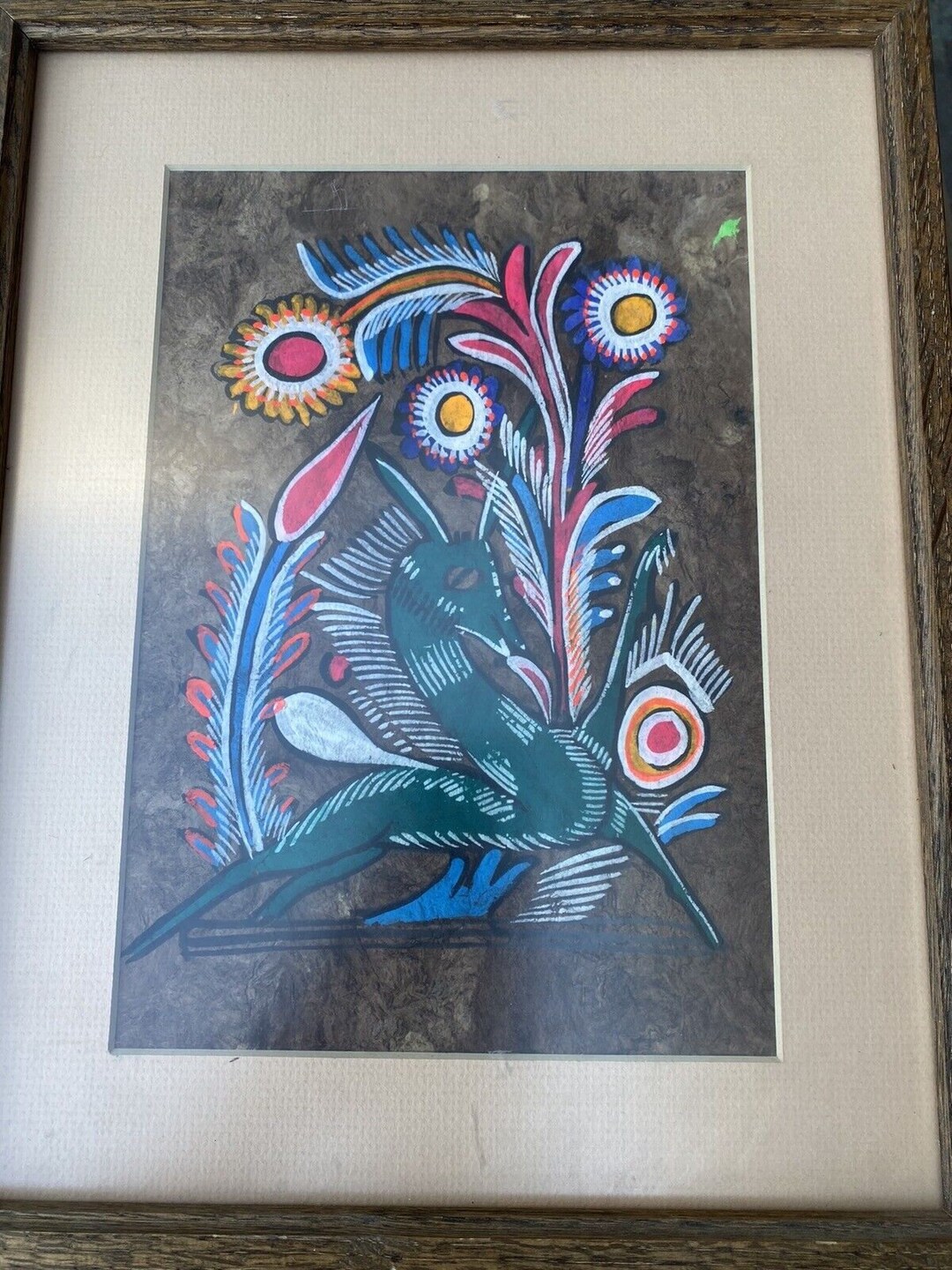 Vintage Mexican Folk Art Amate Tree Bark Green Horse Painting Framed 15 ...