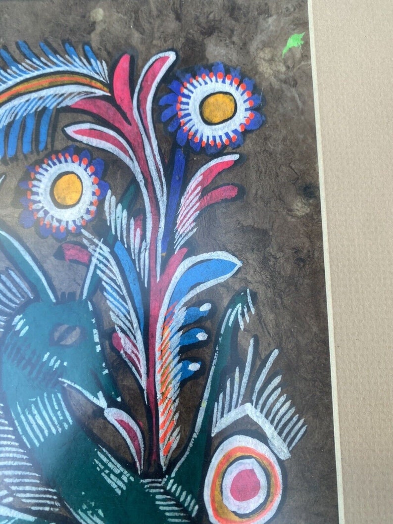 Vintage Mexican Folk Art Amate Tree Bark Green Horse Painting Framed 15 ...