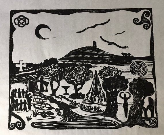 Woodcut Print of Glastonbury Tor Labyrinth and Ancient | Etsy