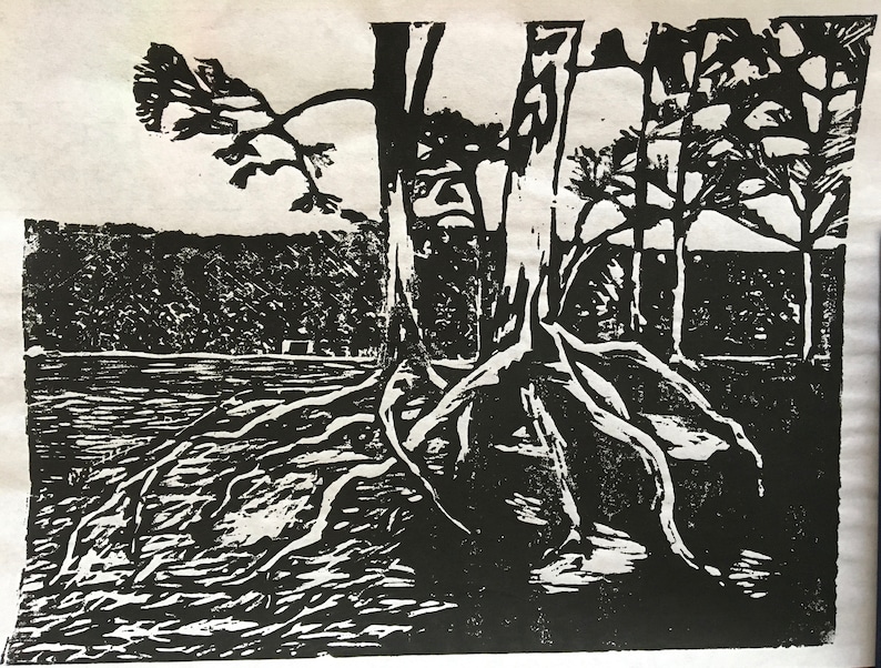 Woodcut Print of Pine Tree Roots at a Lakeshore holding - Etsy