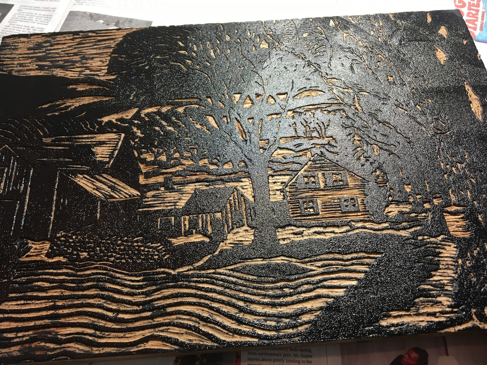 Vermont springtime farm scene woodcut print by Margot Torrey | Etsy