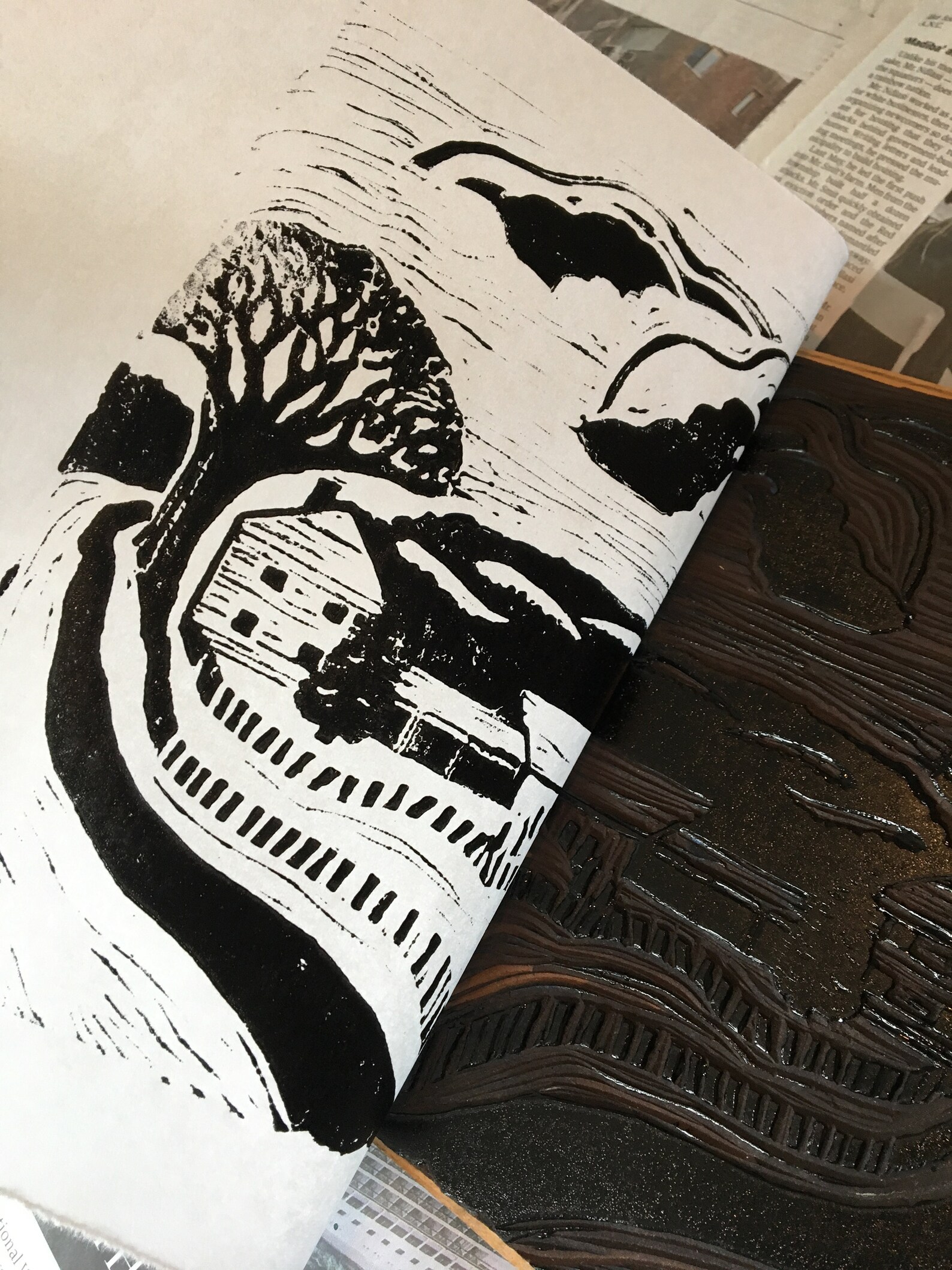 Linocut of farm scene by Margot Torrey | Etsy