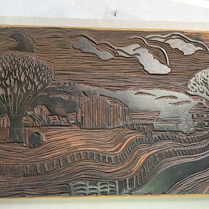 Linocut of Farm Scene by Margot Torrey - Etsy
