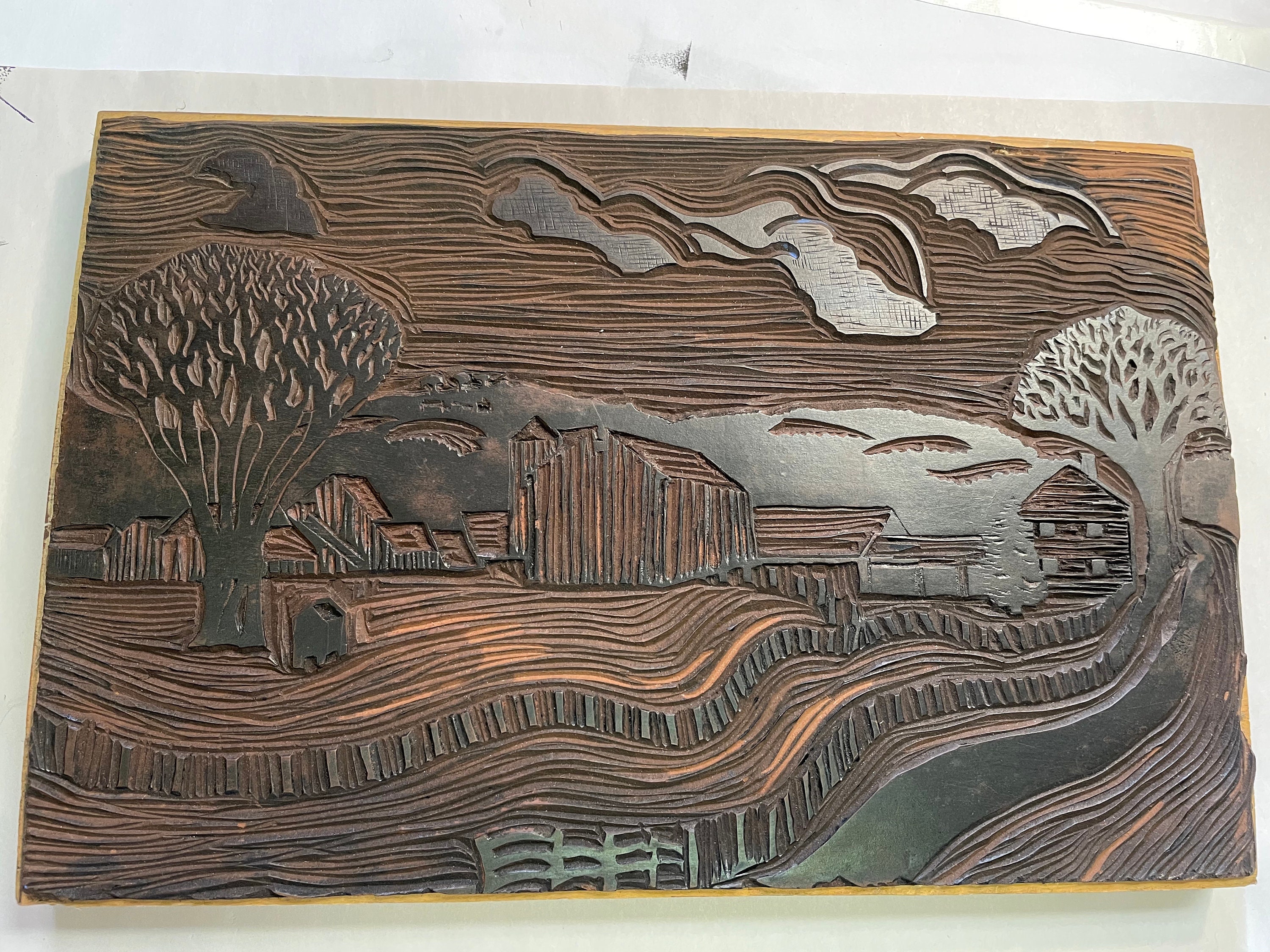 Linocut of Farm Scene by Margot Torrey - Etsy