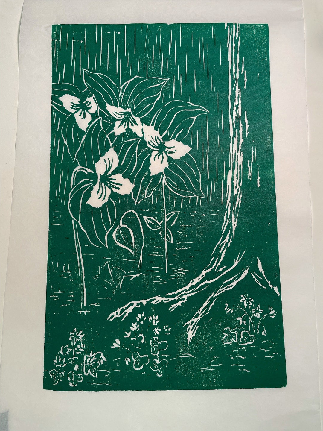 Woodcut Print of Trillium Flowers and Pine Tree in Green, Wild ...