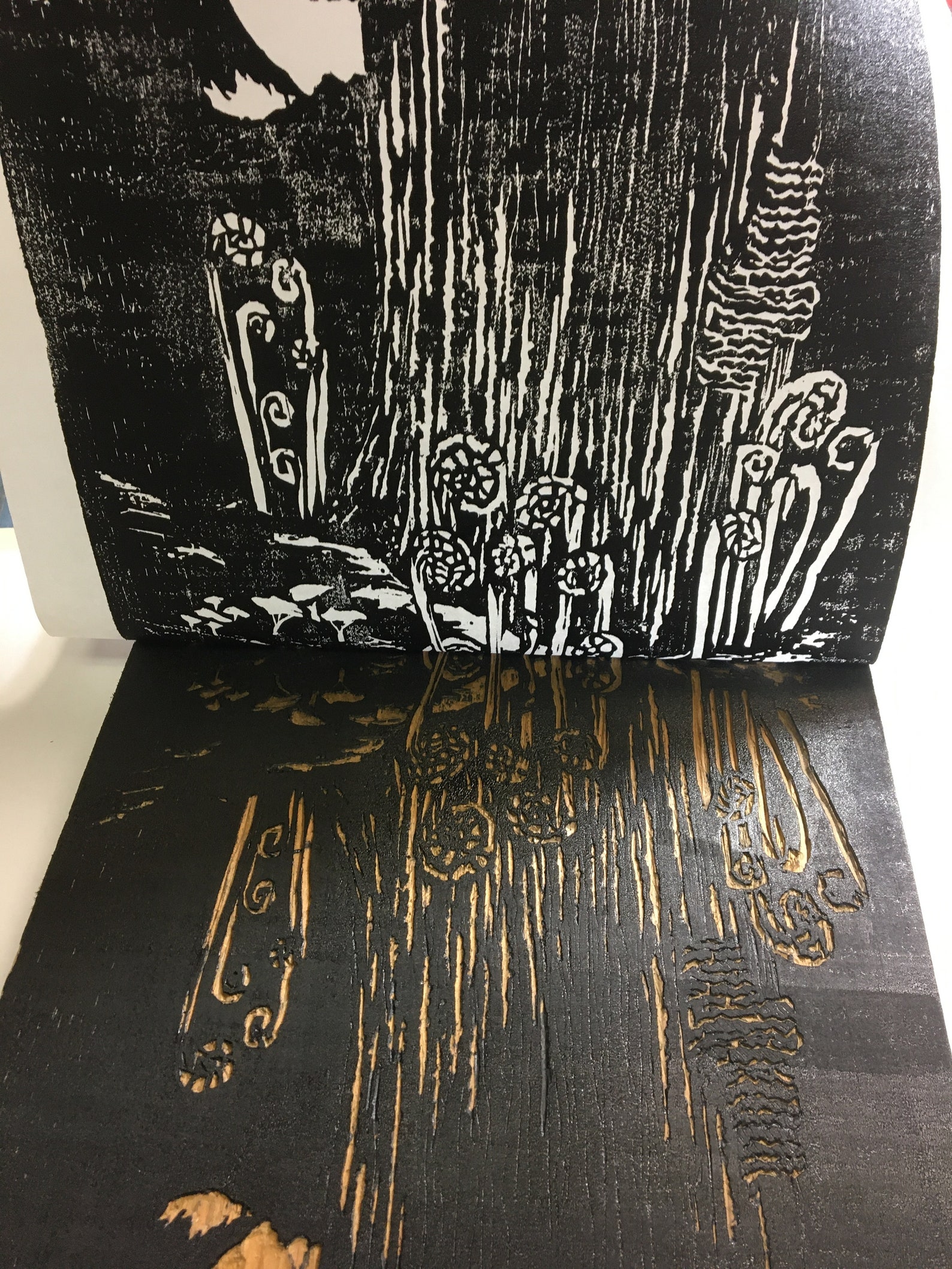 Woodcut print of fiddlehead ferns beneath a massive pine tree | Etsy