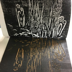 Woodcut Print of Fiddlehead Ferns Beneath a Massive Pine Tree by ...