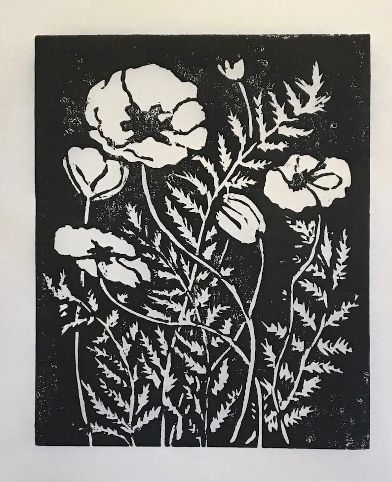 Woodcut Print of Poppies Botanical Print Garden Image by | Etsy