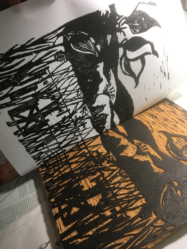 Woodcut Print of Autumn Garden, in Black and White, by Vermont Artist ...