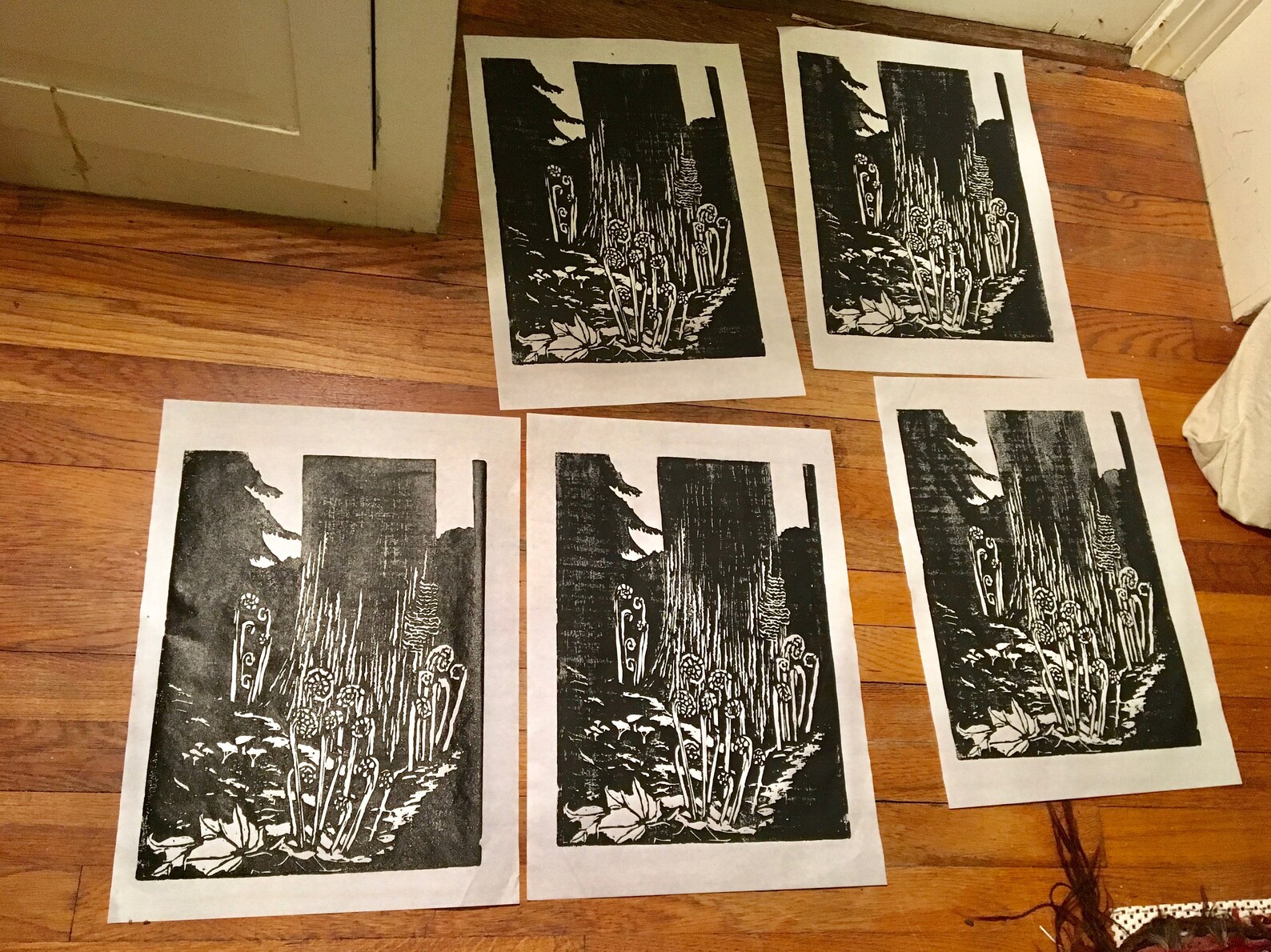 Woodcut print of fiddlehead ferns beneath a massive pine tree | Etsy