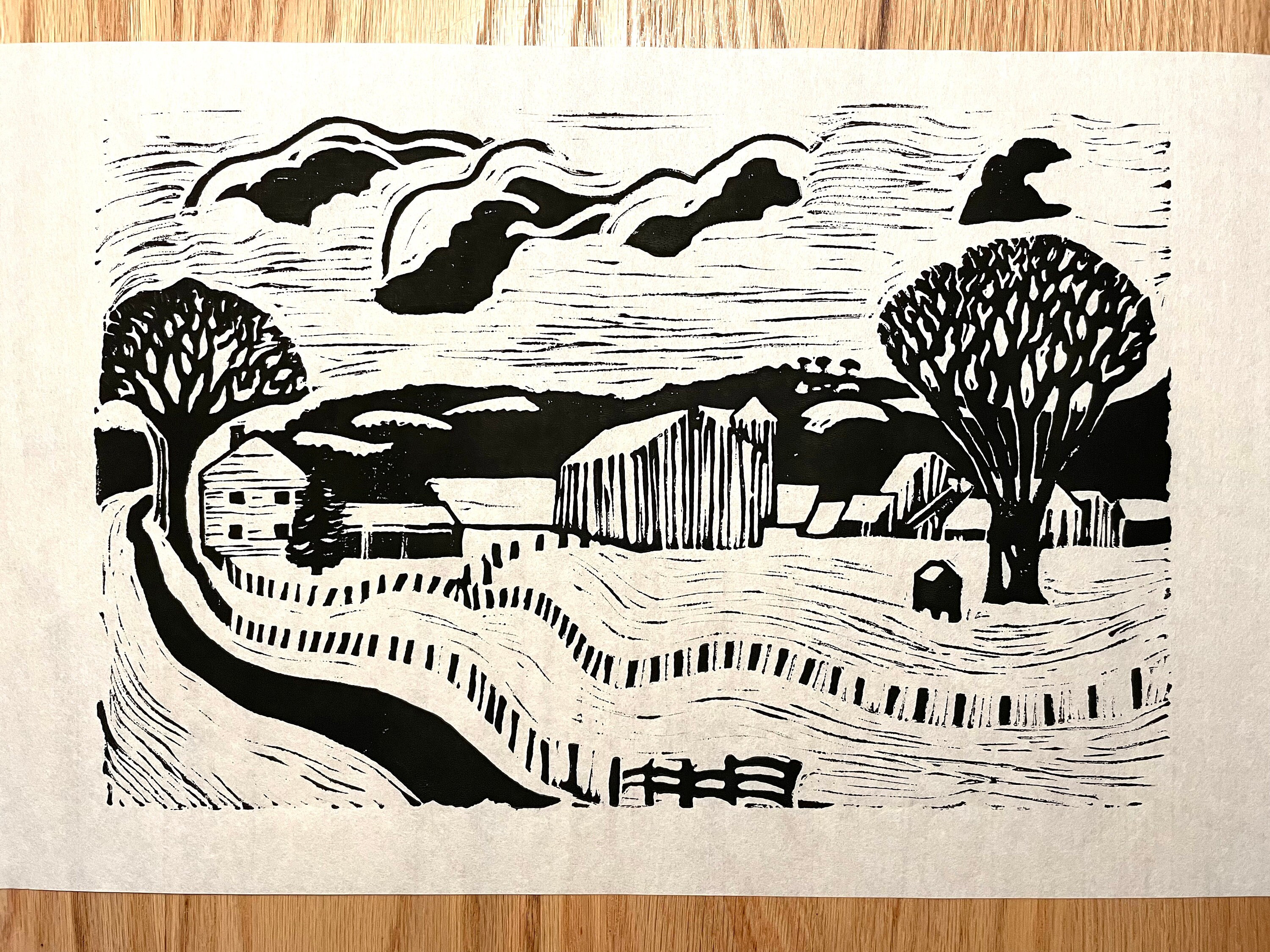 Linocut of Farm Scene by Margot Torrey - Etsy