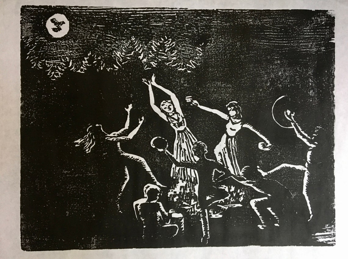 Woodcut Print of Dancers Around a Bonfire With Full Moon - Etsy