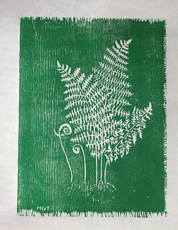Woodcut print of sweet ferns in green by Margot Torrey | Etsy