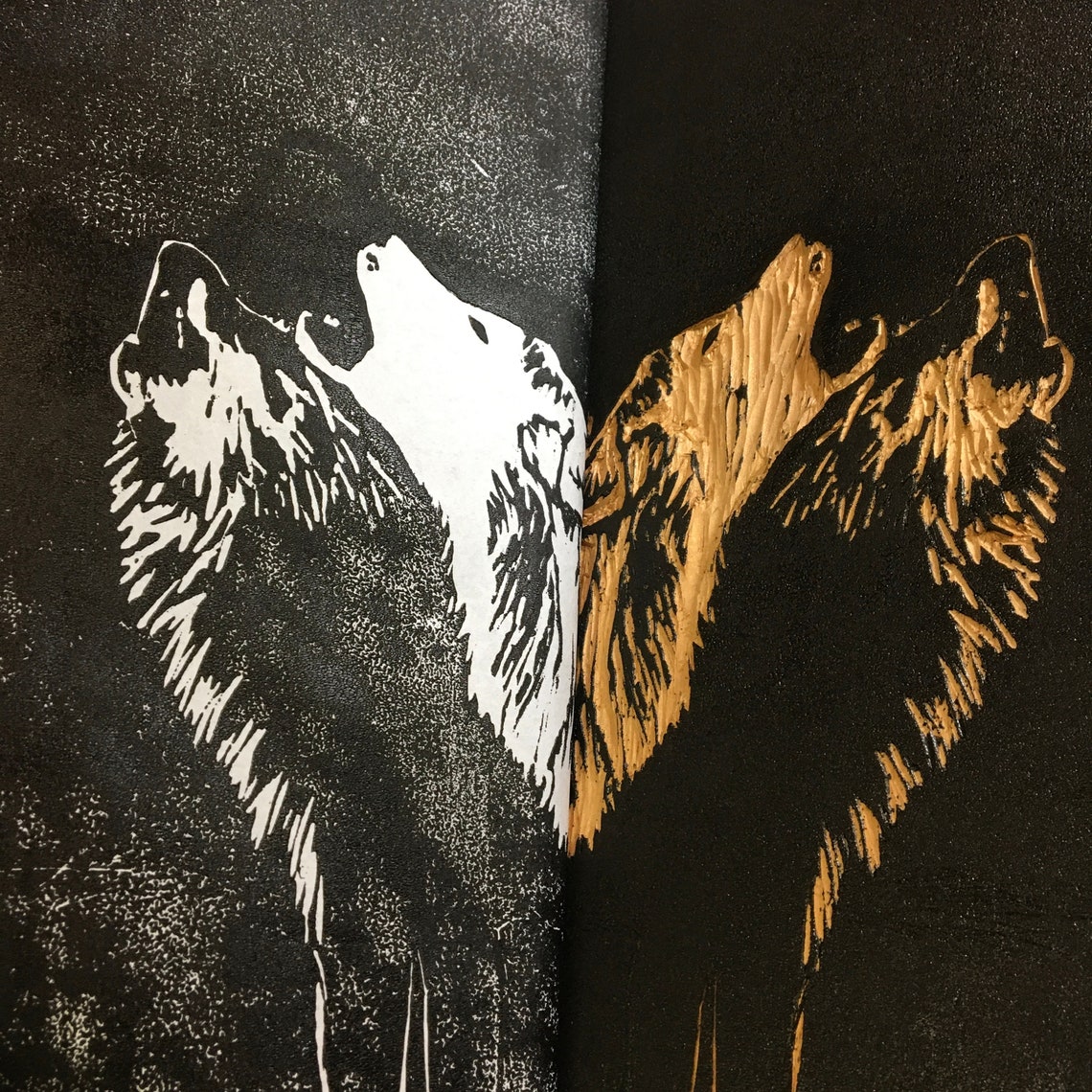 Woodcut Print of Howling Wolf Pack in a Moonlit Sky by | Etsy