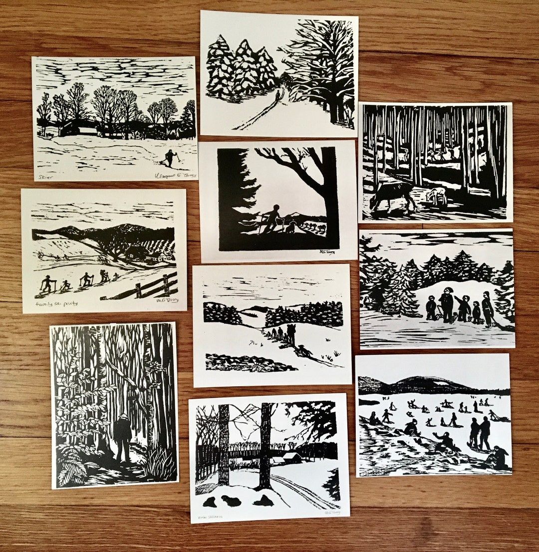 Woodcut Art Postcards: New England Winter Scenes by Margot Torrey (set ...