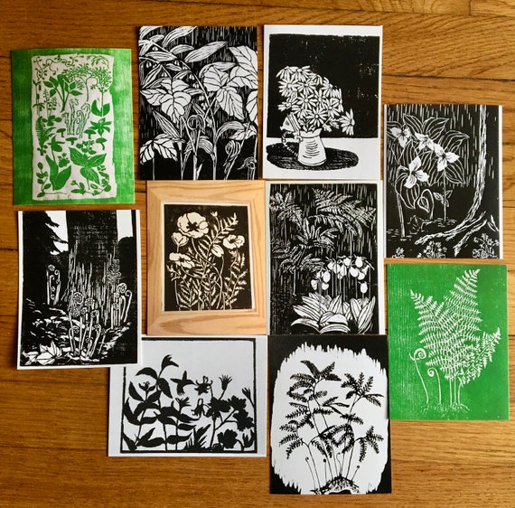 10 Art Postcards of Ferns and Flowers From Woodcuts by Margot - Etsy