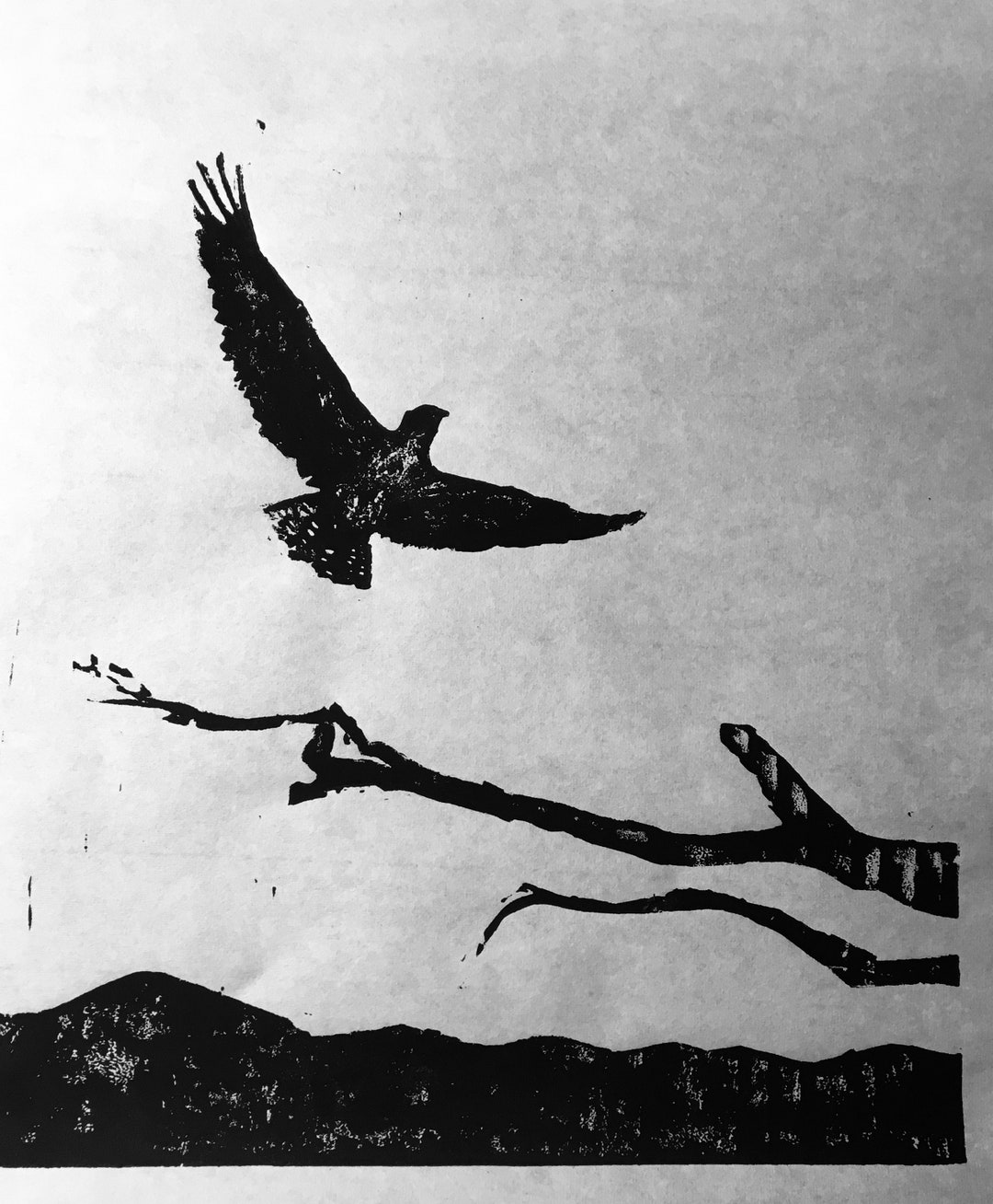 Woodcut Print of a Hawk Taking off From a Branch, by Vermont Artist ...
