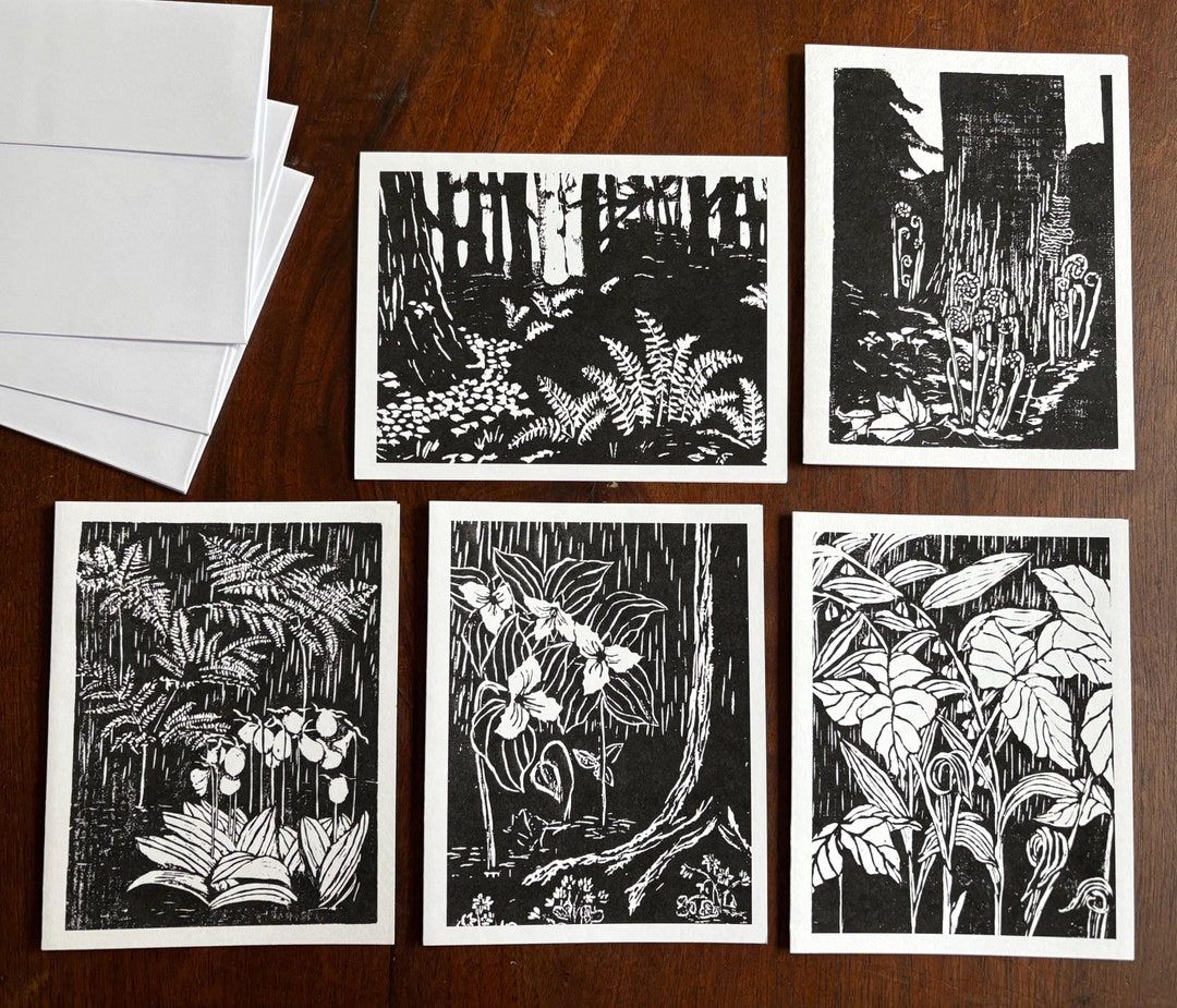 Woodland Plant Notecards: Vermont Woodcut Art Cards, Set of 5 - Etsy
