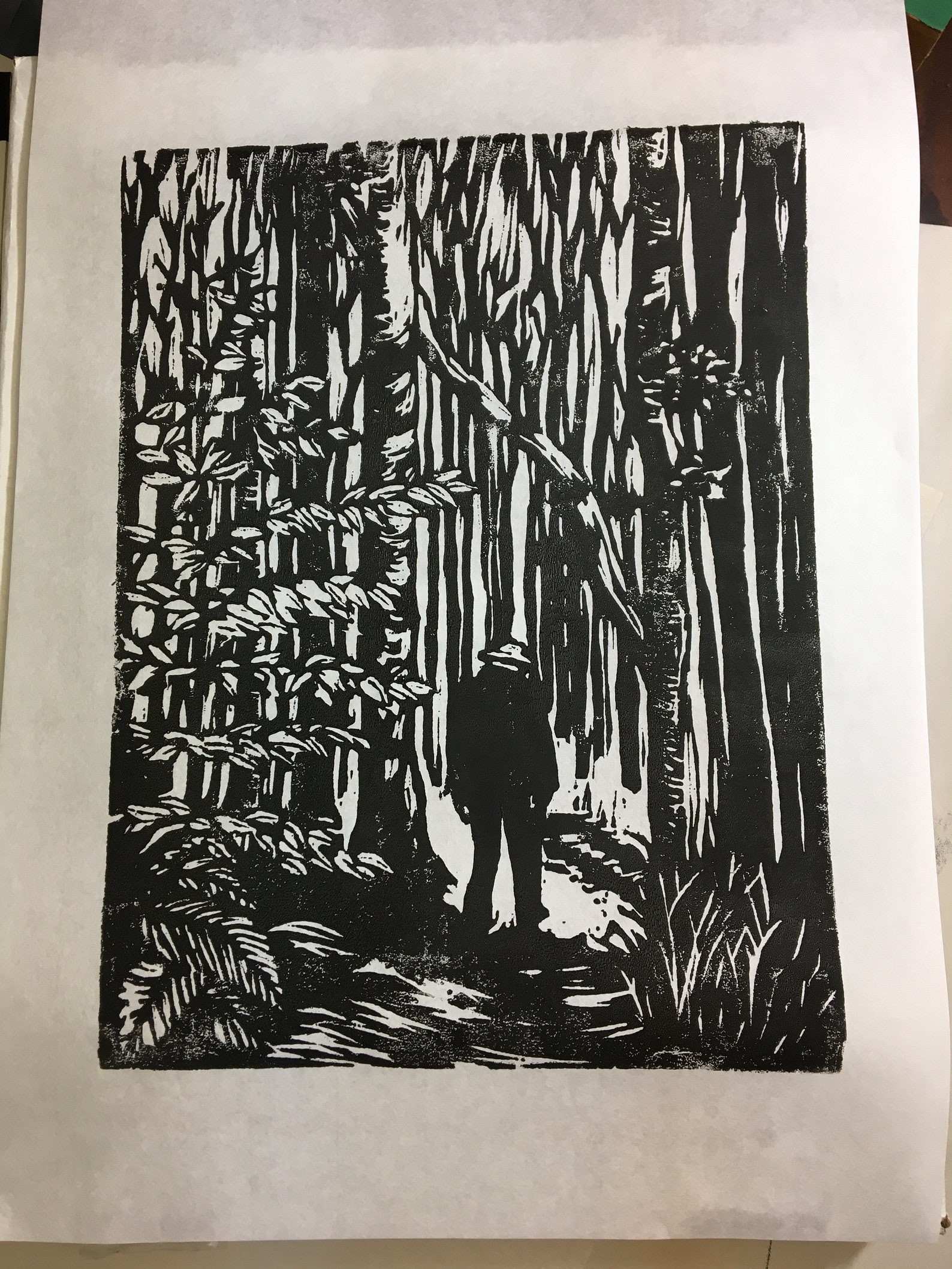 Woodcut Print of a Hiker Entering Deep Woods, by Vermont Artist Margot ...