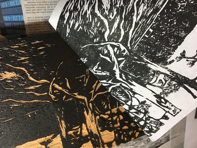 Woodcut Print of Pine Tree Roots at a Lakeshore holding - Etsy