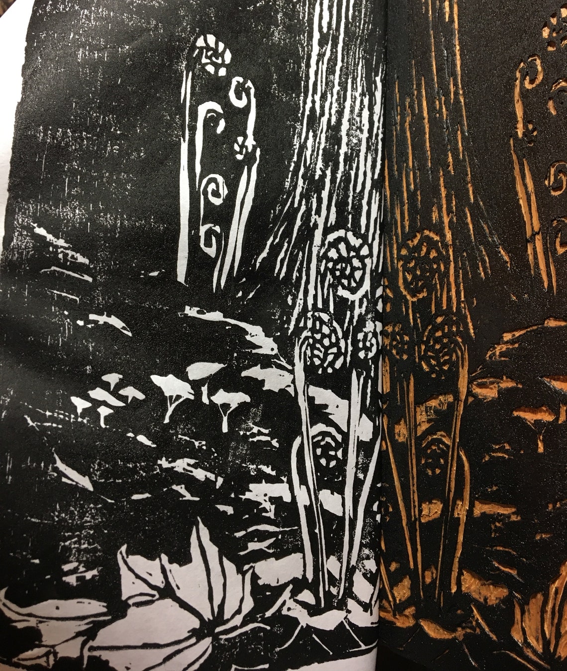 Woodcut print of fiddlehead ferns beneath a massive pine tree | Etsy