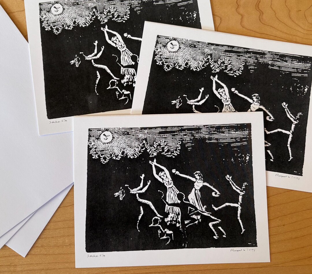 Solstice Fire Notecards: Woodcut Dancers, Full Moon Art (set of 3) - Etsy