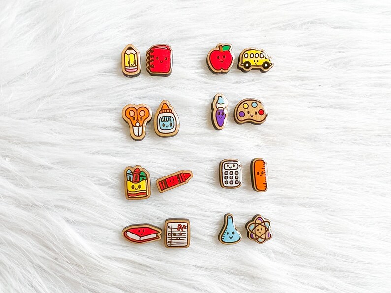 Cute Kawaii School Supplies Mix & Match Stud Wooden Earrings - Etsy