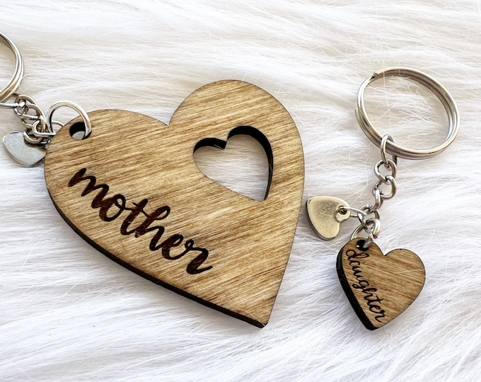 Mother Daughter Matching Heart Wooden Keychains - Etsy