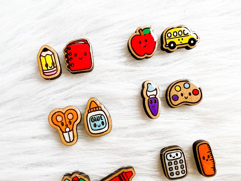 Cute Kawaii School Supplies Mix & Match Stud Wooden Earrings - Etsy