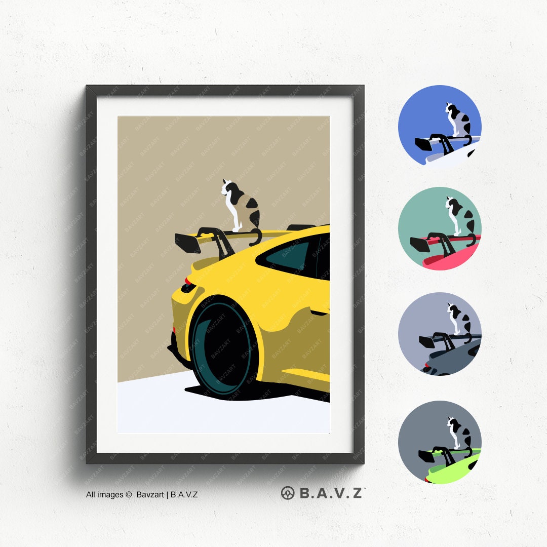 Porsche 992 GT3 Artwork: Sports Car Poster With Cat on Spoiler ...