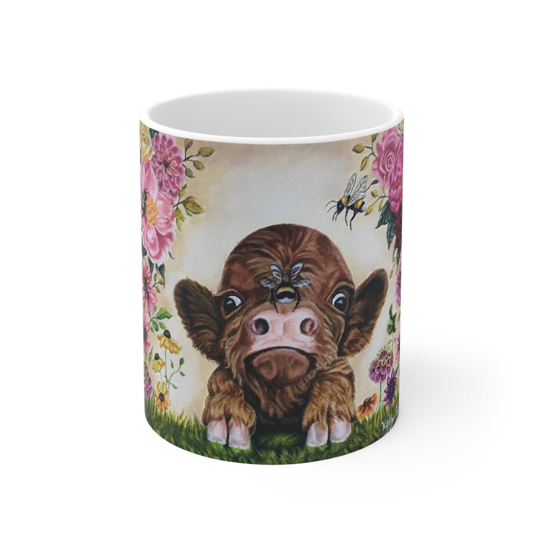 Highland Cow Calf With Bumble Bees Flowers Country Folk Coffee Cup ...