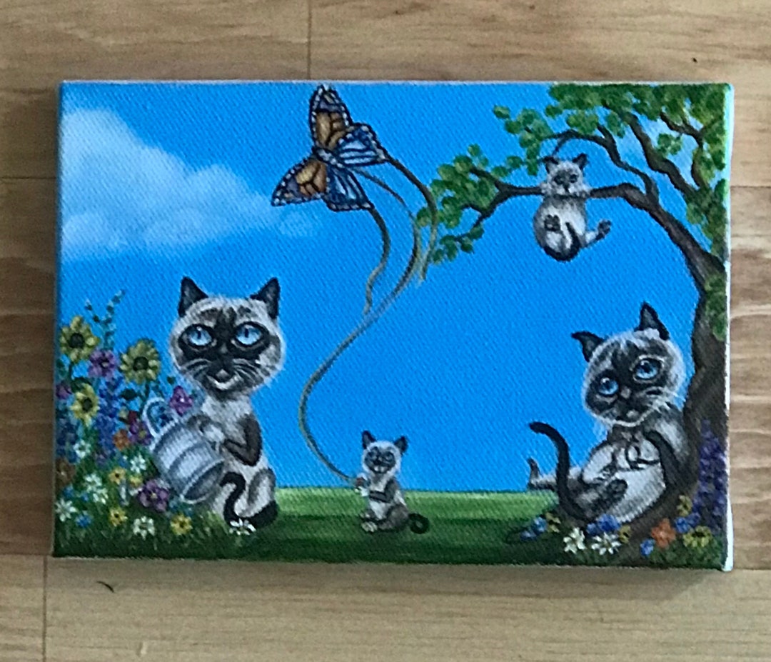Modern Siamese Cat Family Playing in Spring Garden Original Painting on ...