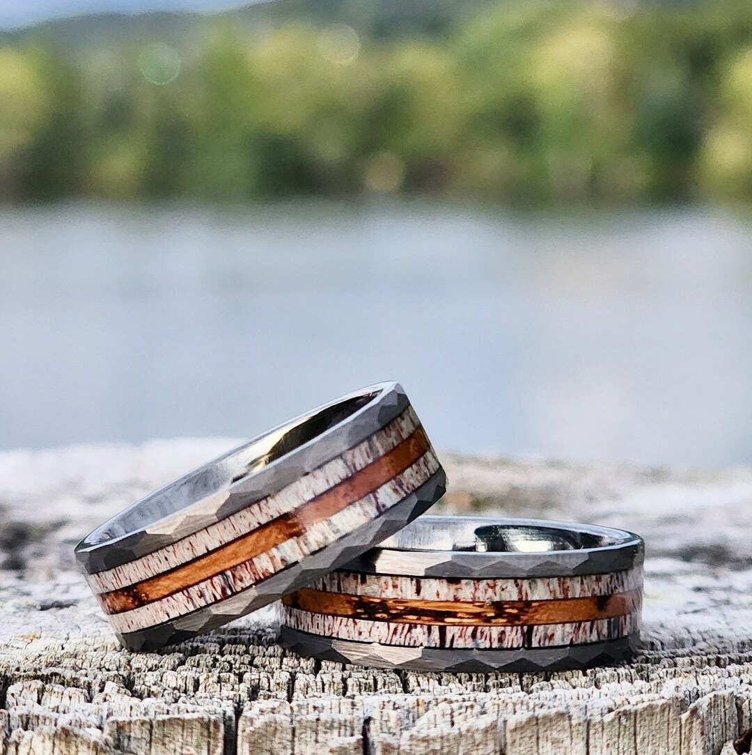 Antler Ring and Whiskey Barrel Ring, Dear Antler Ring Mens Wedding Band ...