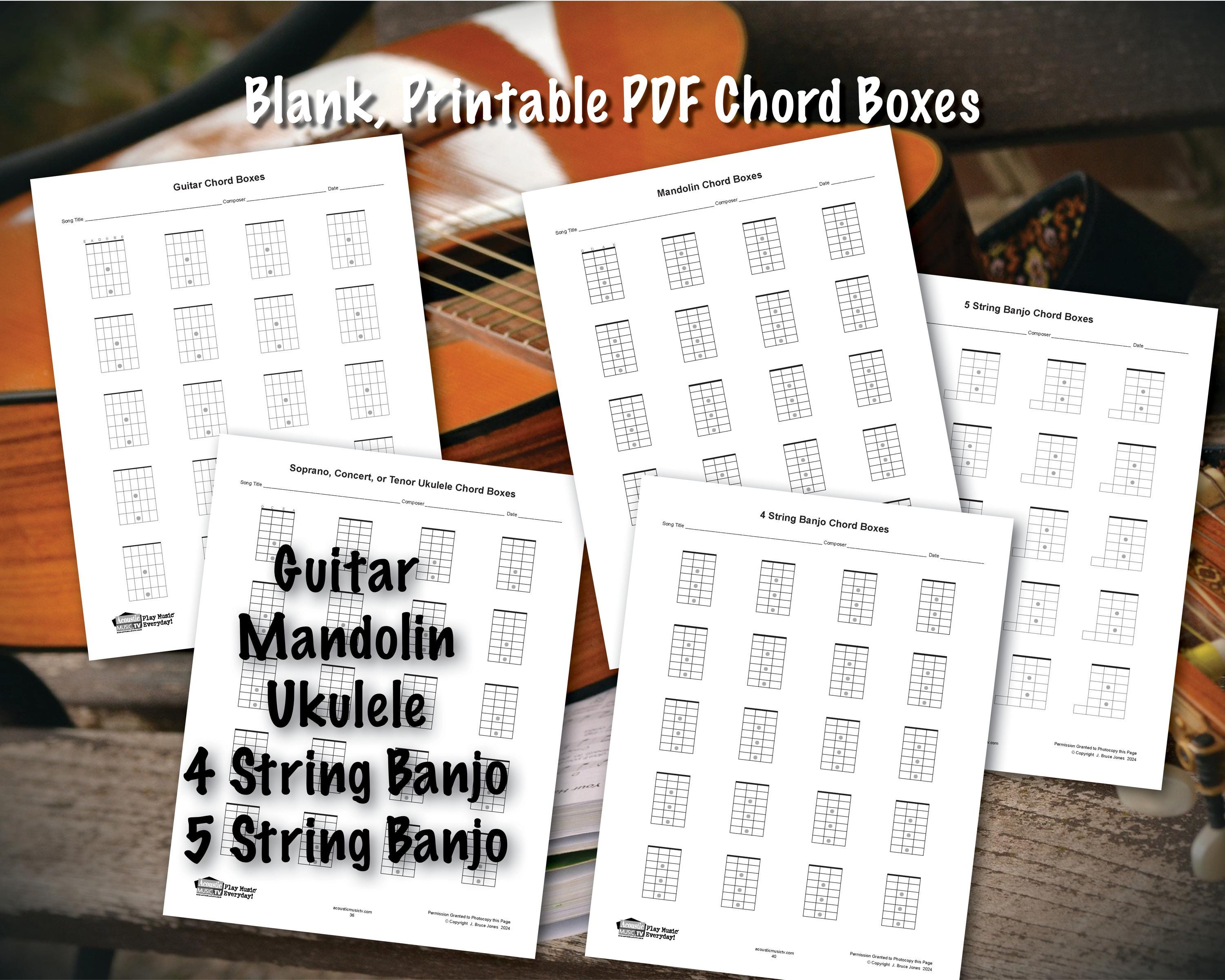 Blank, Printable PDF Sheet Music for Guitar, Mandolin, Ukulele and 4 ...