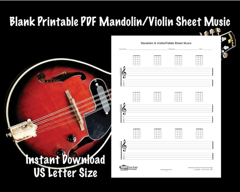 Blank, Printable PDF Sheet Music for Guitar, Mandolin, Ukulele and 4 ...