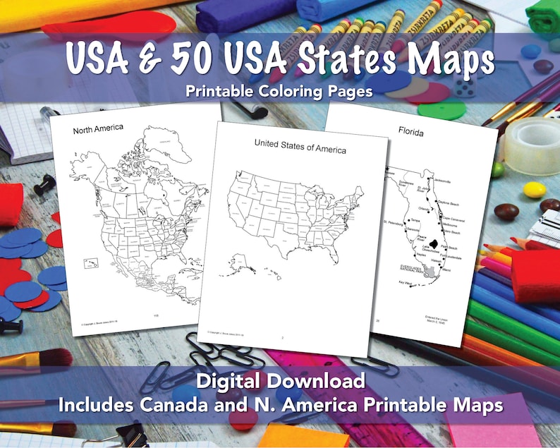 USA Maps and the 50 USA States PDF Map Printable Coloring Pages, Blank ...