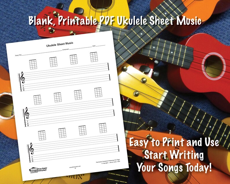 Blank, Printable PDF Sheet Music for Guitar, Mandolin, Ukulele and 4 ...