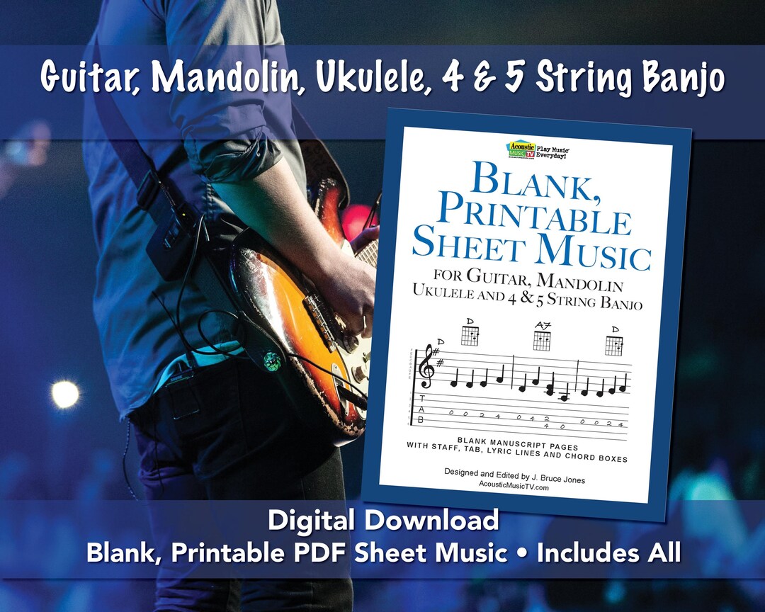 Blank, Printable PDF Sheet Music for Guitar, Mandolin, Ukulele and 4 ...