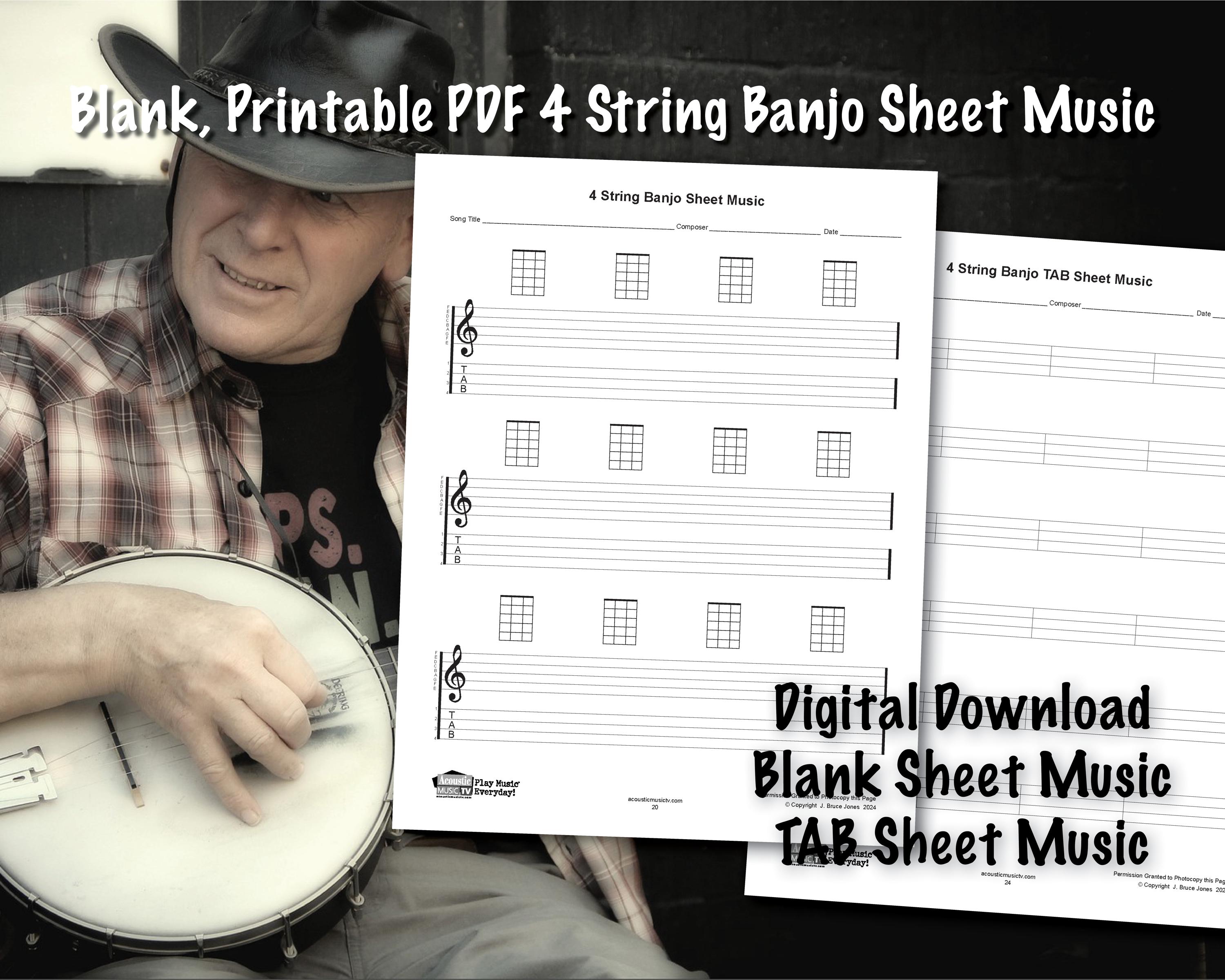 Blank, Printable PDF Sheet Music for Guitar, Mandolin, Ukulele and 4 ...
